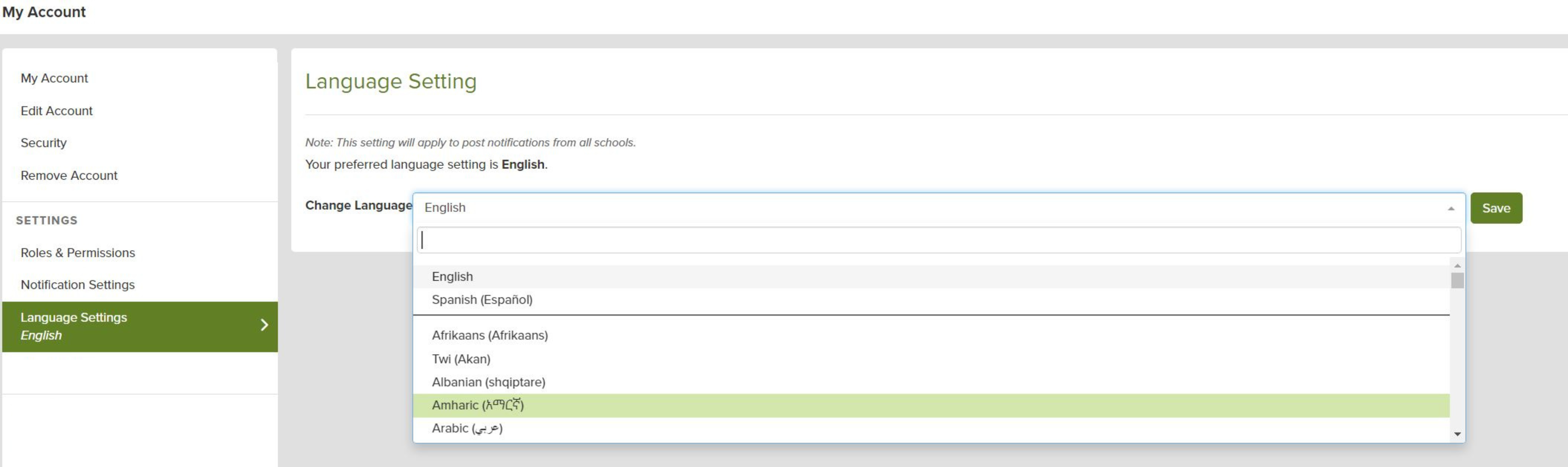 Screenshot of Language preferences - Penn-Harris-Madison School Corporation